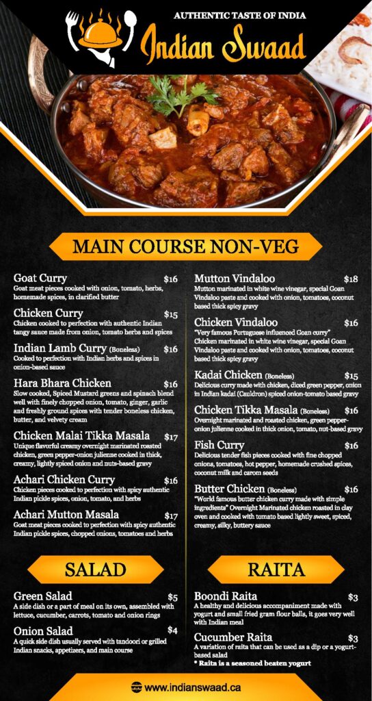 Indian Swaad menu for takeout and dine-in